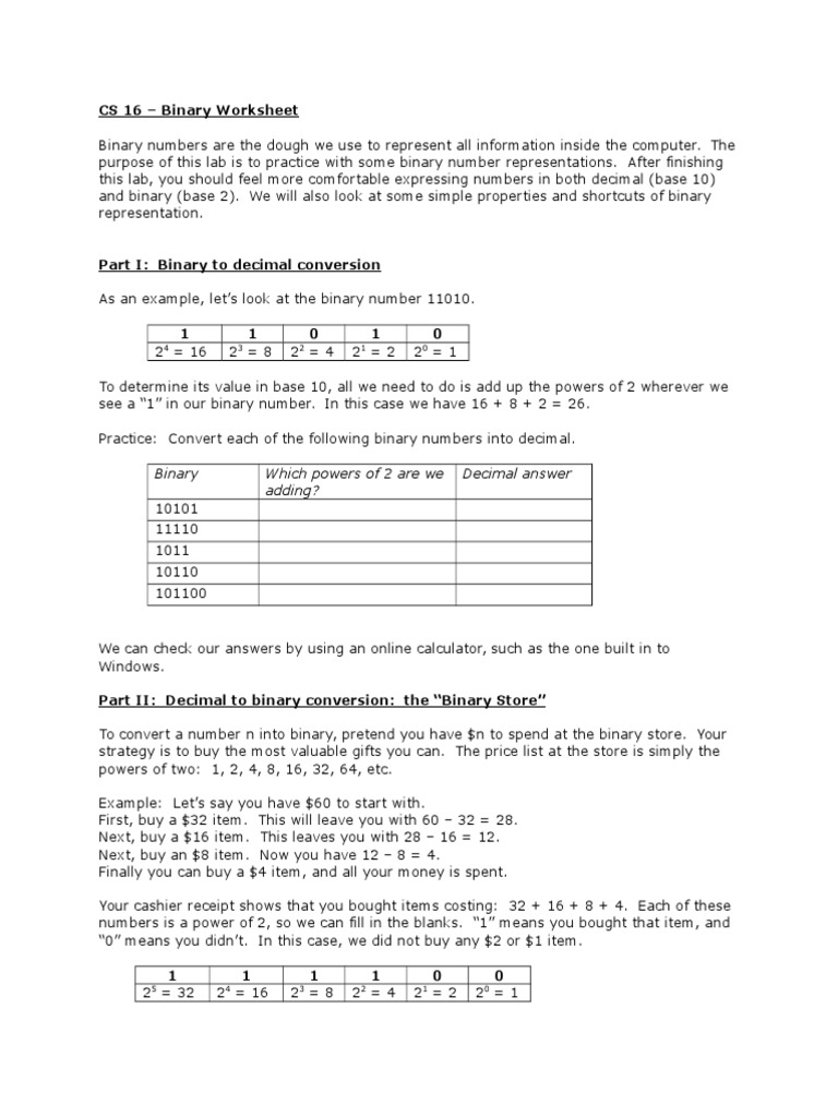 CS 16 – Binary Worksheet: Binary Which powers of 2 are we adding ...