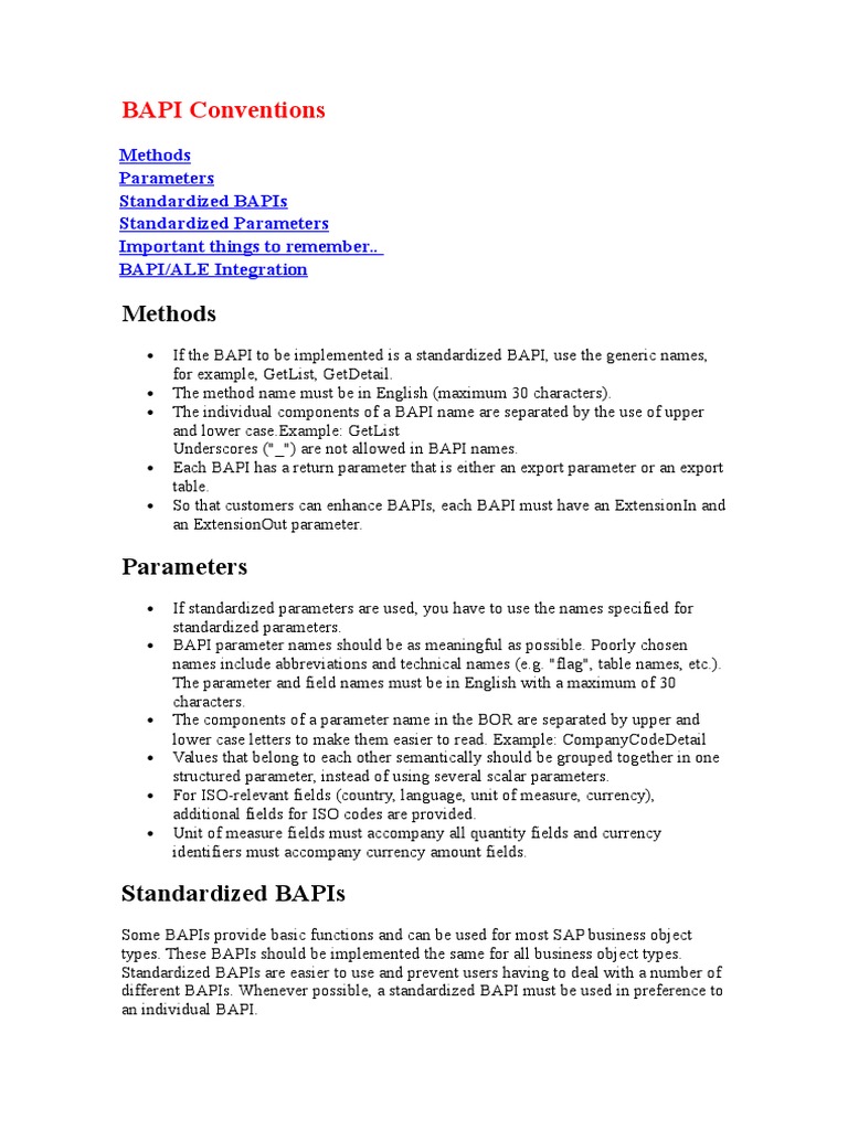 BAPI Conventions | PDF | Parameter (Computer Programming) | Object (Computer Science)