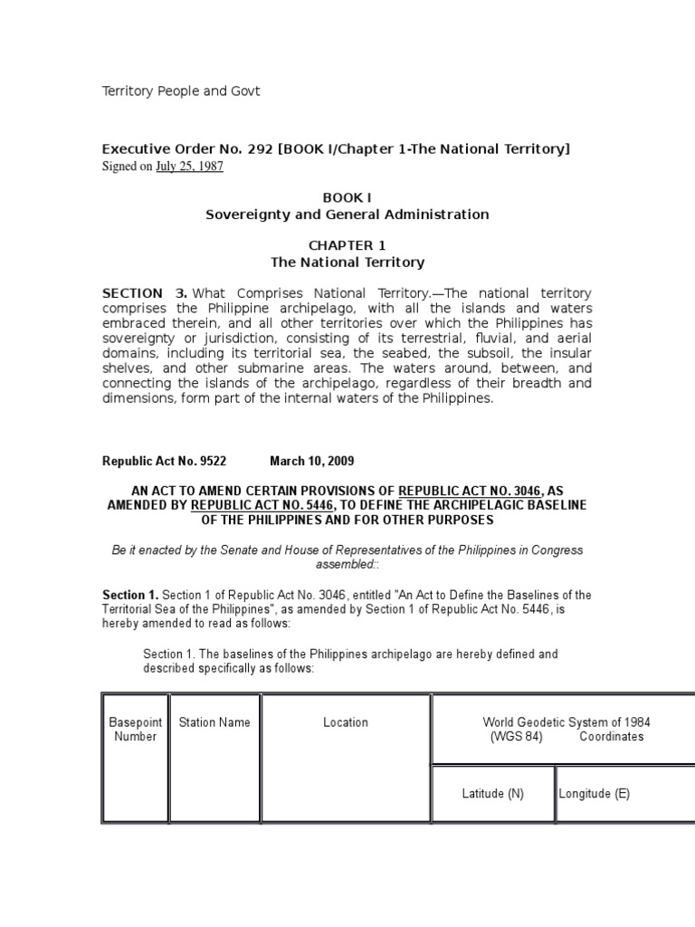 Executive Order No. 292 (BOOK I/Chapter 1-The National Territory) | PDF ...