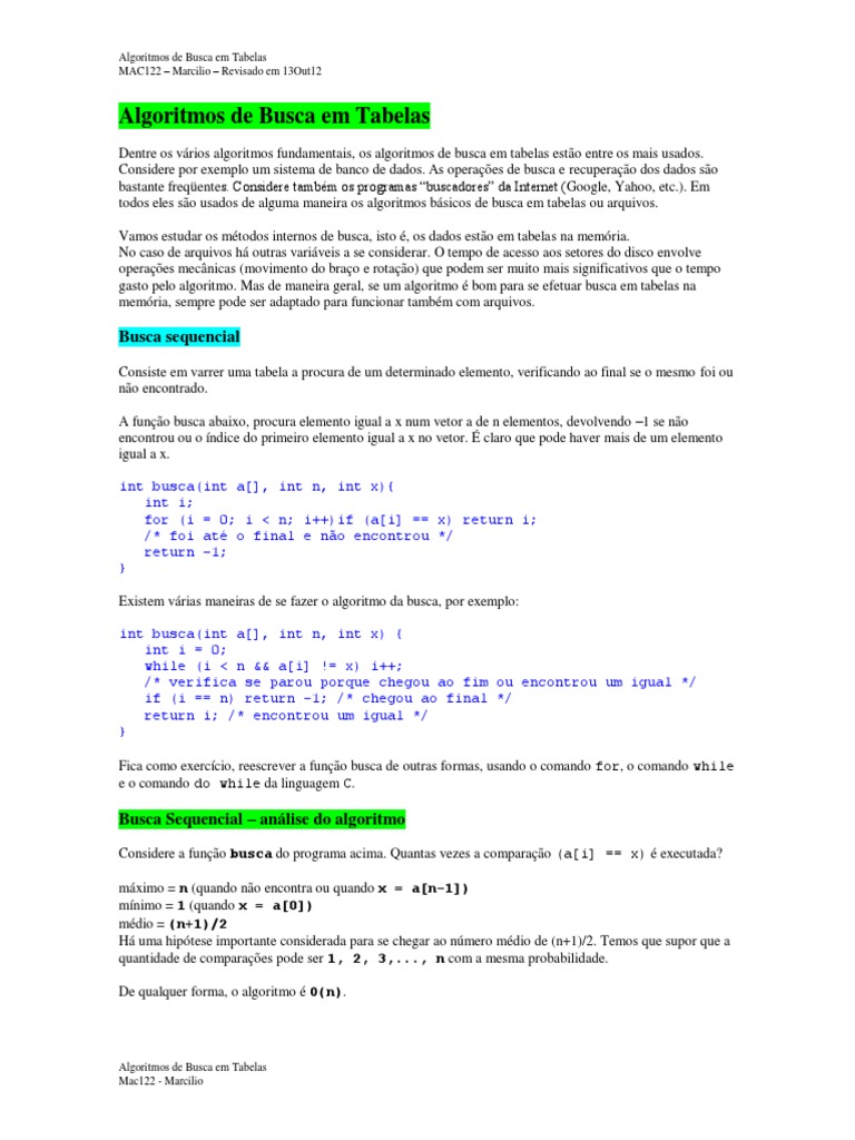 15 - Algoritmos de Busca em Tabelas - Sequencial e Binaria PDF | PDF