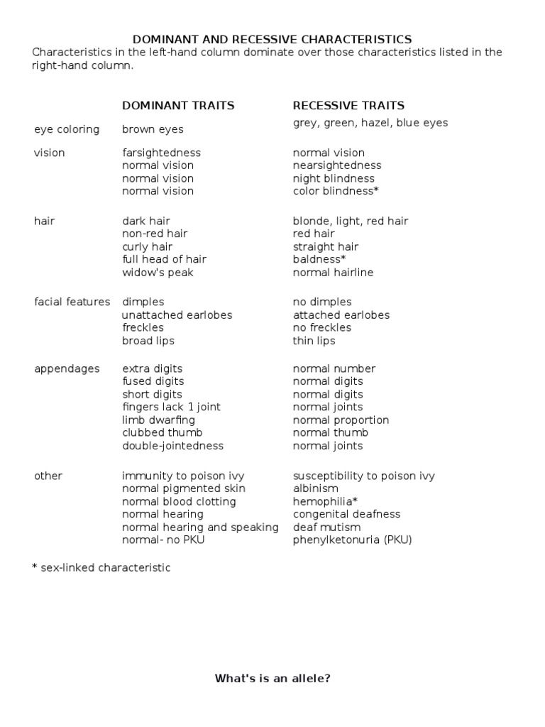 Dominant and Recessive Characteristics | PDF | Dominance (Genetics ...