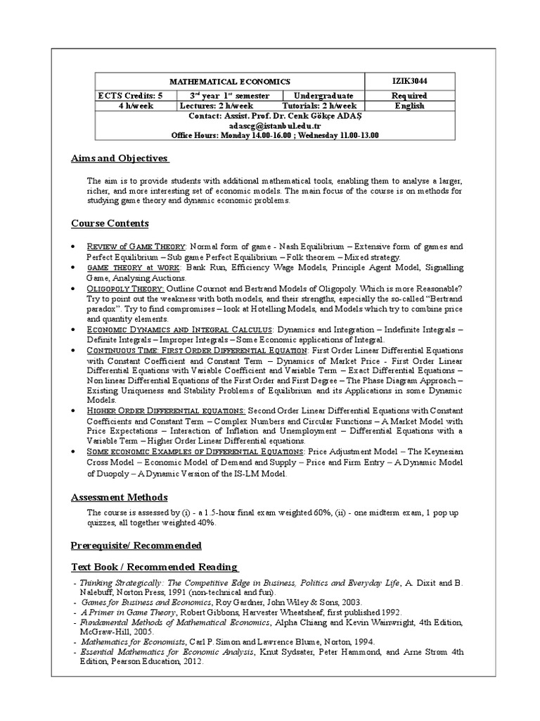 Mathematical Economics Course Overview | PDF | Mathematical Economics ...