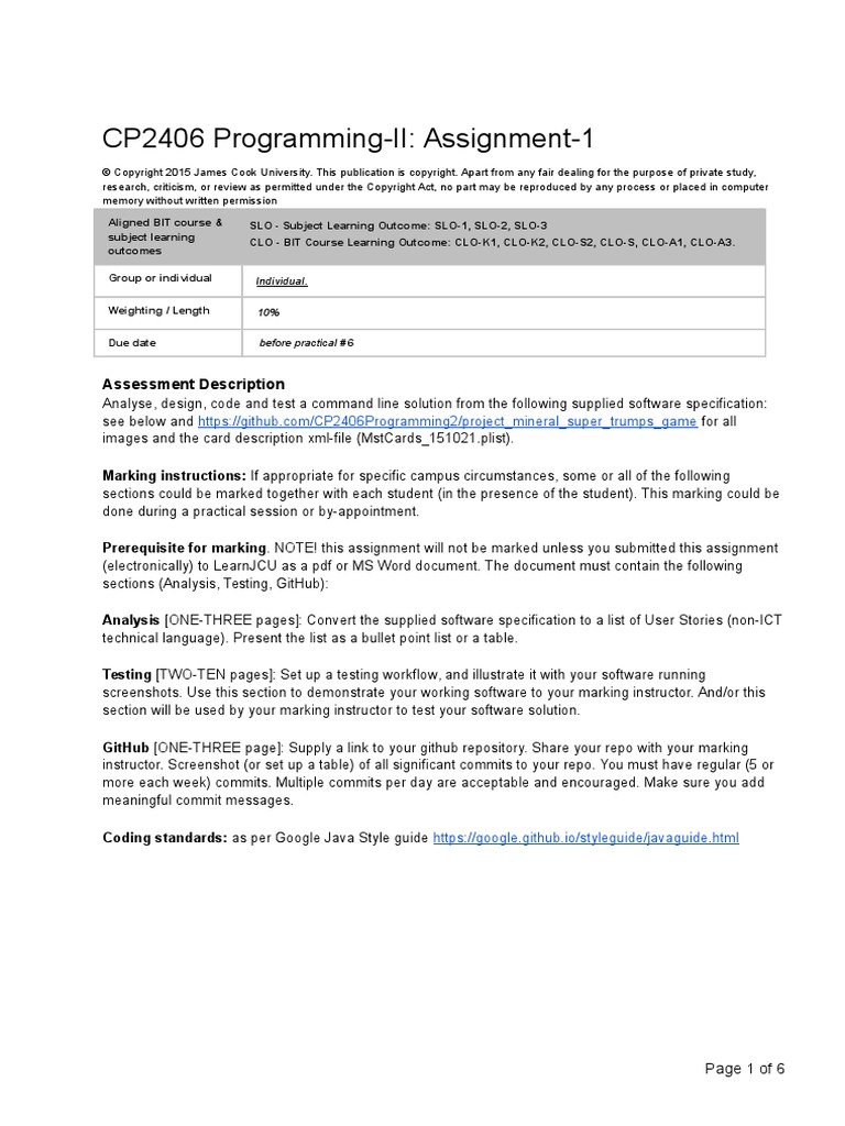CP2406 Programming-II: Assignment-1: Assessment Description | Download Free PDF | Specification ...
