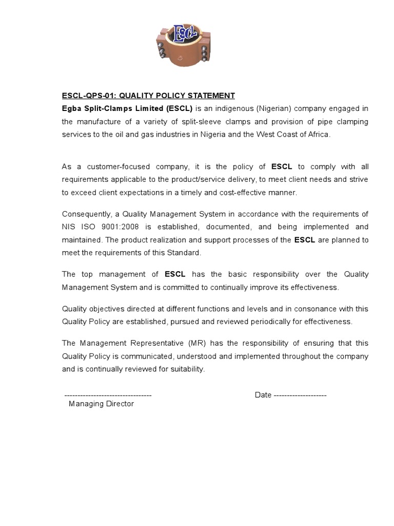 ESCL-QPS-01, Quality Policy Statement | PDF