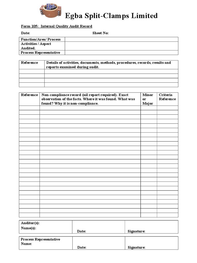 Form 105, Internal Quality Audit Record | PDF