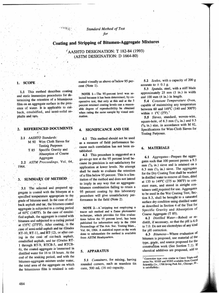 AASHTO T 182 - Coating and Stripping of Bitumen-Aggregate Mixtures | PDF