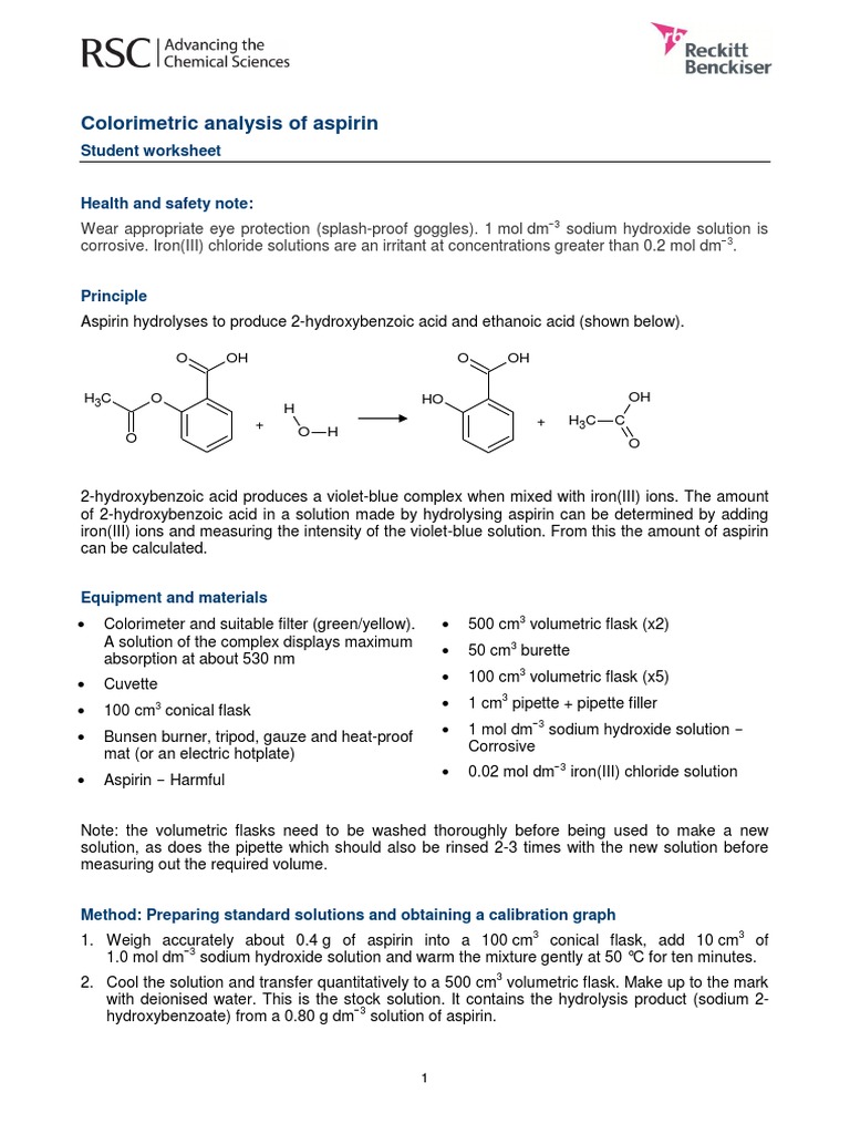 Colorimetric Analysis of Aspirin: Student Worksheet | PDF ...