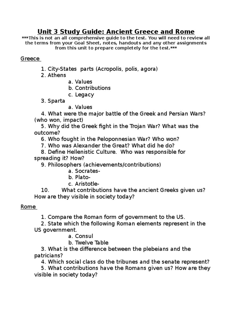 Unit 3 Study Guide: Ancient Greece and Rome | PDF