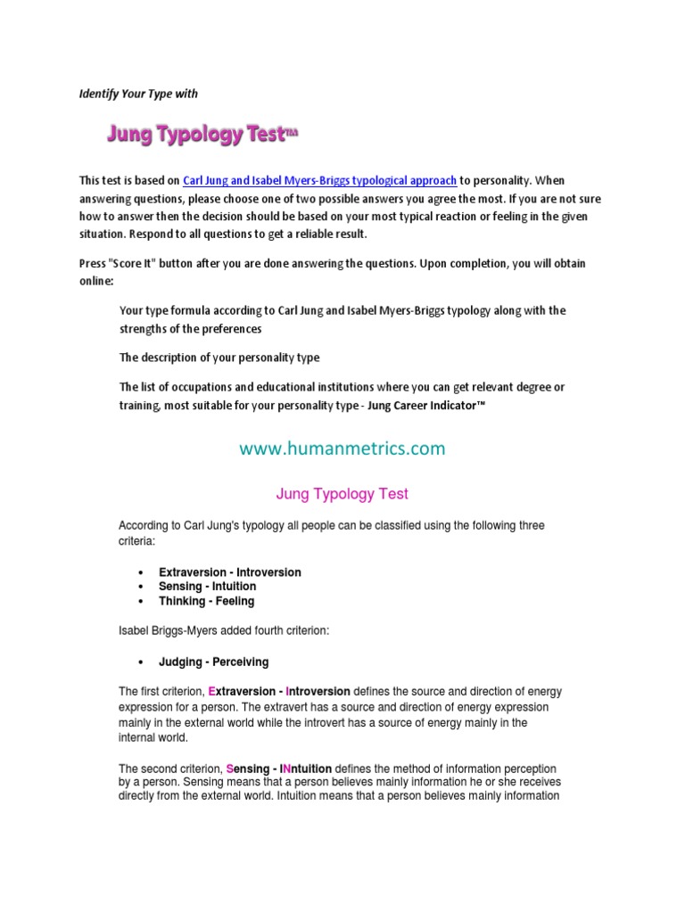 Identify Your Type With Jung Typology Test | Personality Type ...