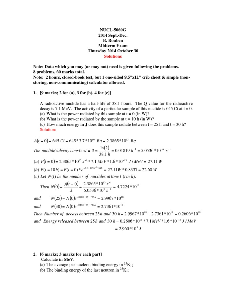 NUCL-5060G Midterm Exam Solutions | PDF | Radioactive Decay | Neutron