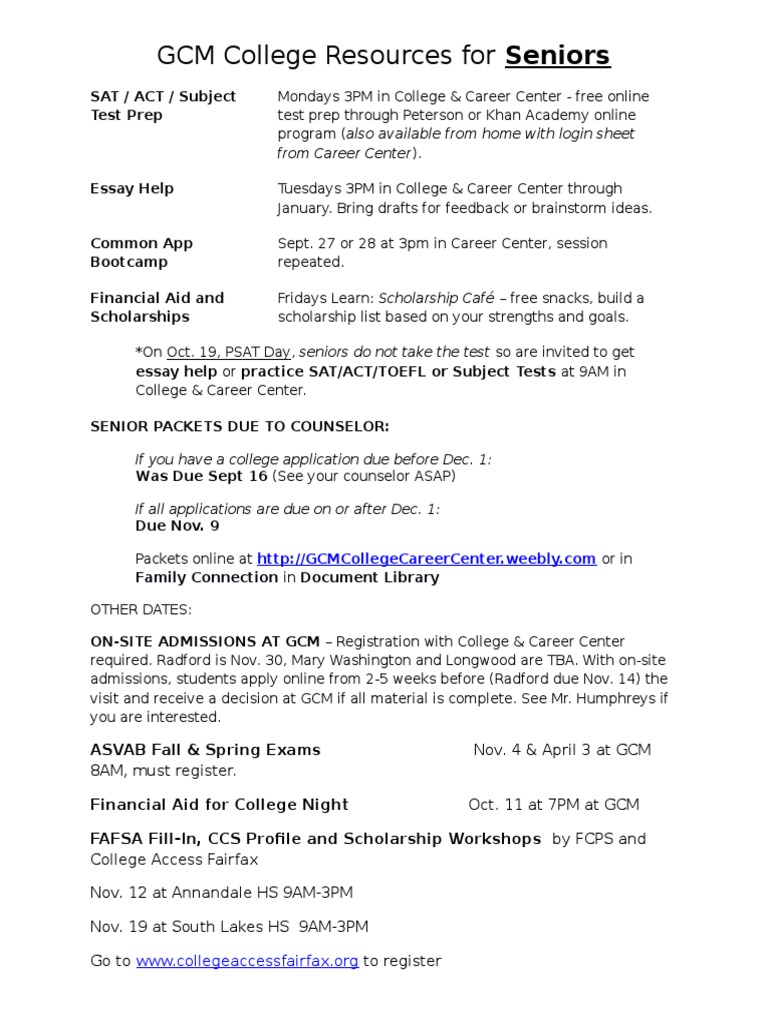 GCM Senior College Resources Guide | PDF