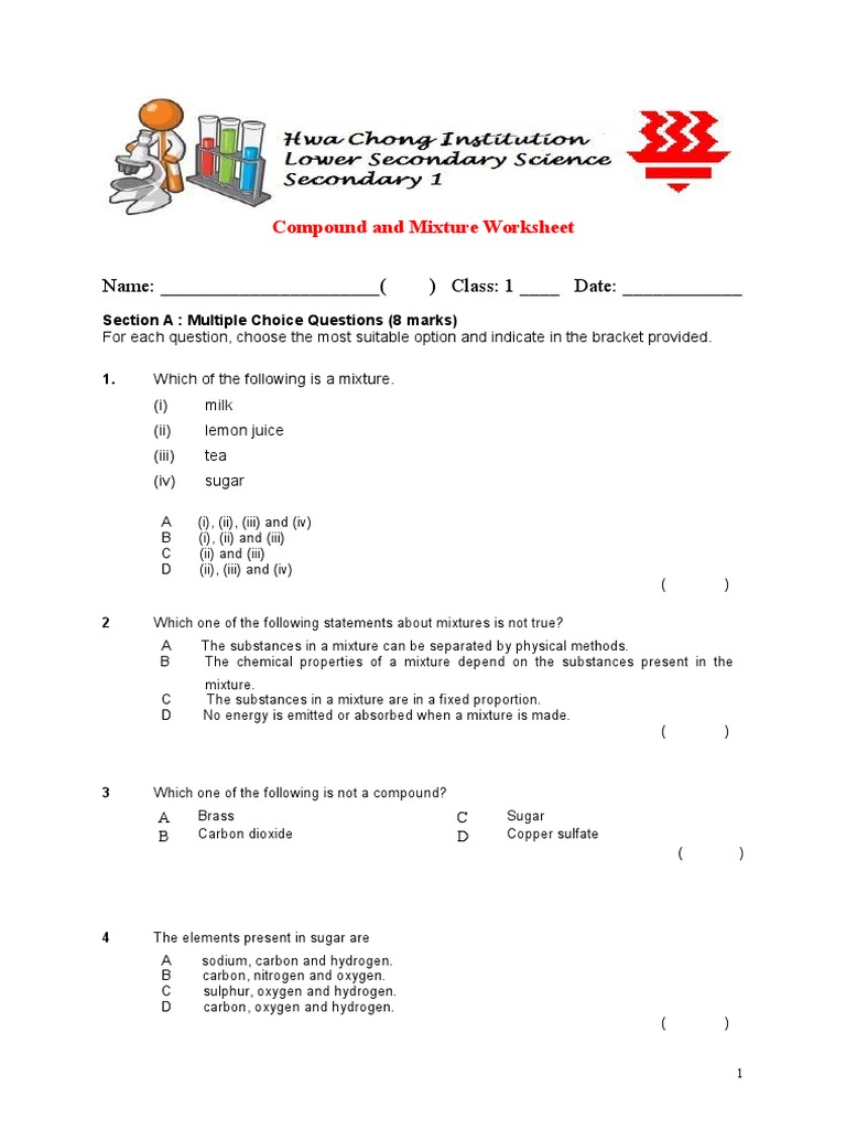 Compound and Mixture Worksheet 1 | PDF | Chemical Compounds | Chemical ...