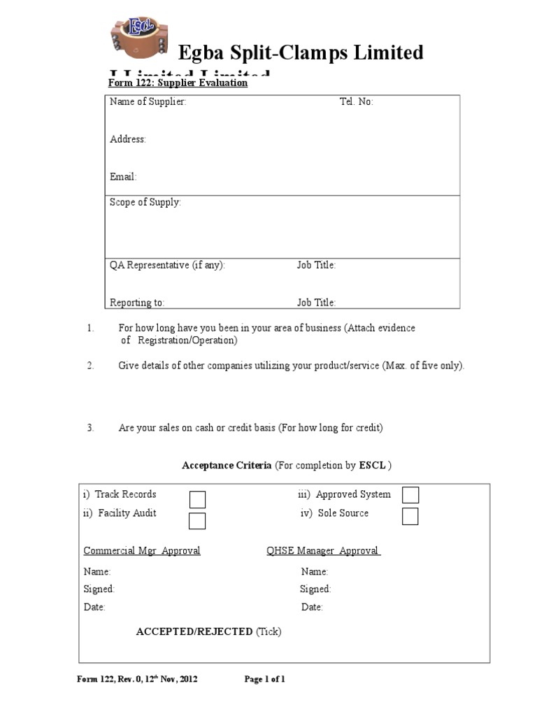 Form 122, Supplier Evaluation | PDF