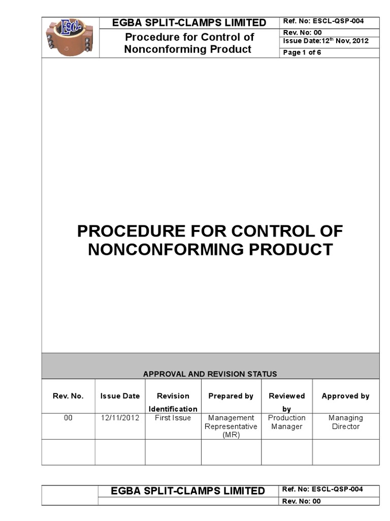 Procedure for Control of Nonconforming Product