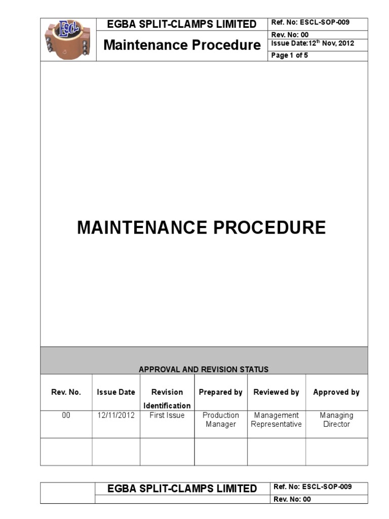 ESCL SOP 009, Maintenance Procedure | PDF | Maintenance | Reliability ...