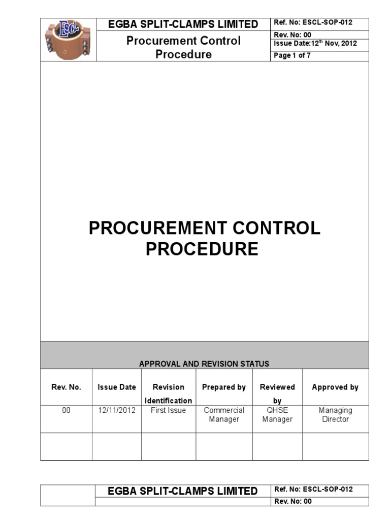 ESCL-SOP-012, Procurement Control Procedure.doc | Verification And ...