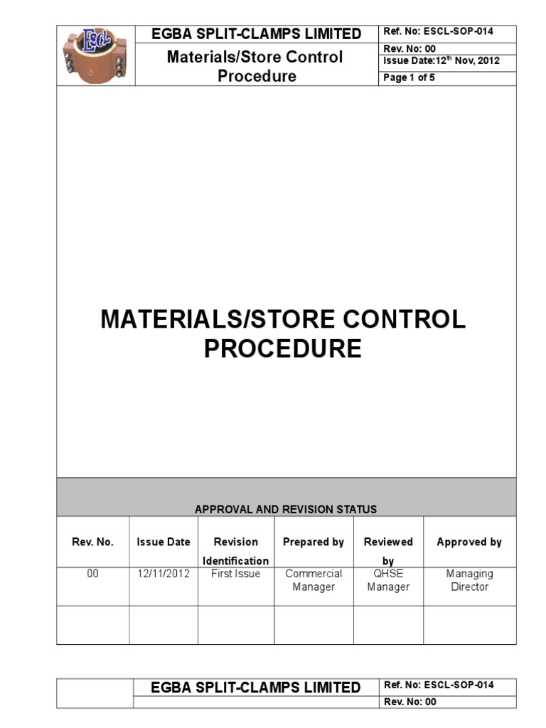 ESCL Materials Store Control Procedure | PDF | Business