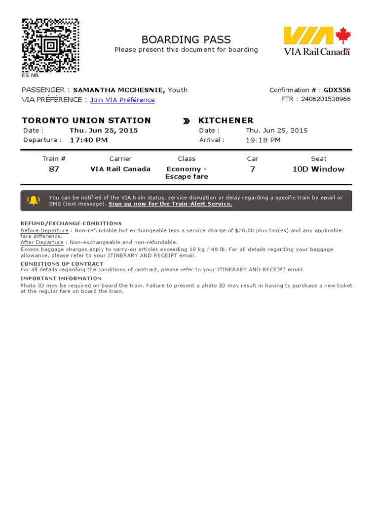 Boarding Pass: Toronto Union Station Kitchener | PDF