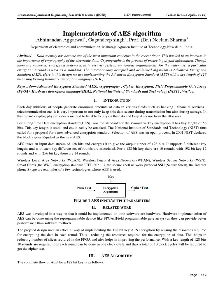 Engineering Journal Implementation of AES Algorithm | PDF | Cryptography | Hardware Description ...