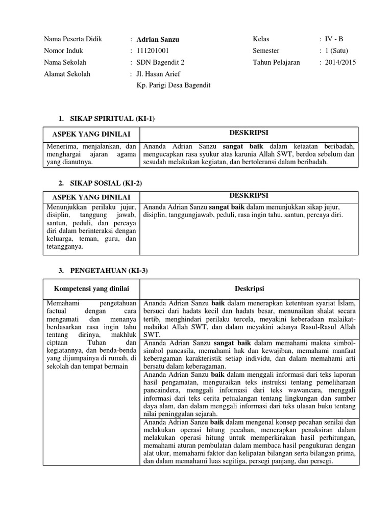 Contoh Deskripsi Raport SD Kurikulum 2013 PDF | PDF