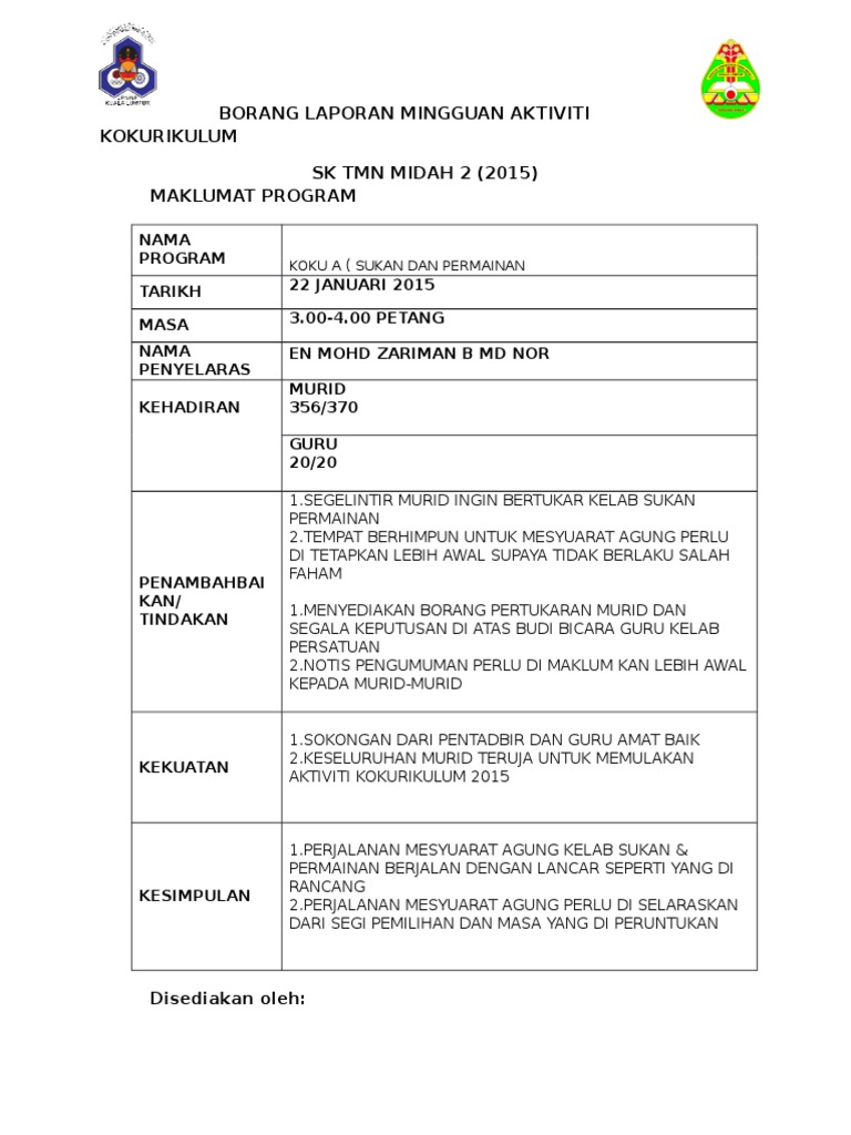 Borang Laporan Mingguan Aktiviti Kokurikulum | PDF