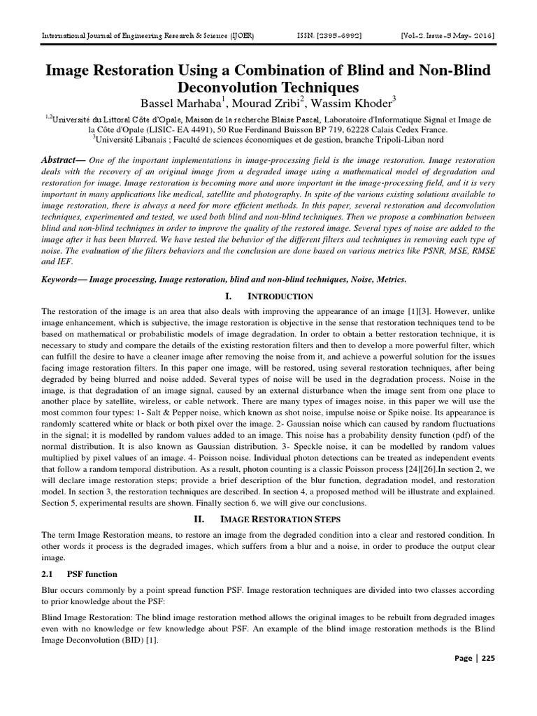 Engineering Journal Image Restoration Using A Combination Of Blind And Non Blind Deconvolution