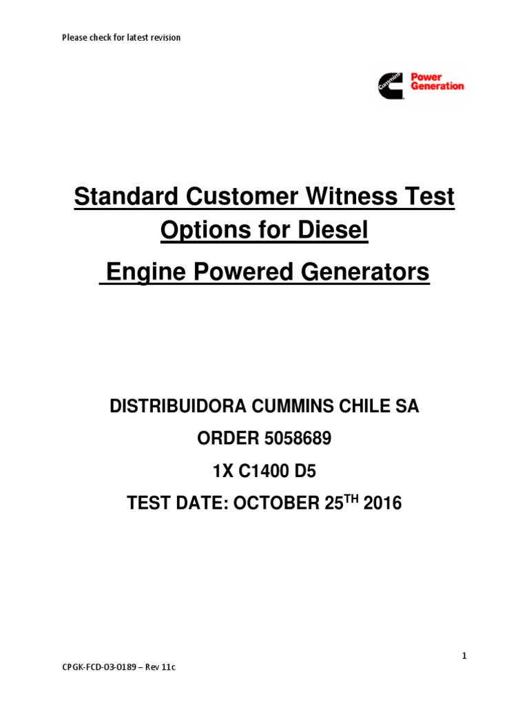 Diesel Generator Witness Test Protocol | PDF | Electric Generator ...