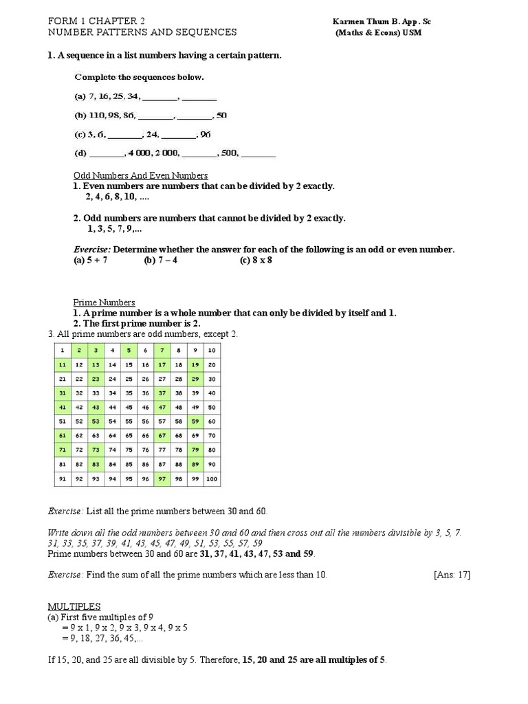 Form 1 Chapter 2 Number Patterns and Sequences | PDF | Prime Number ...