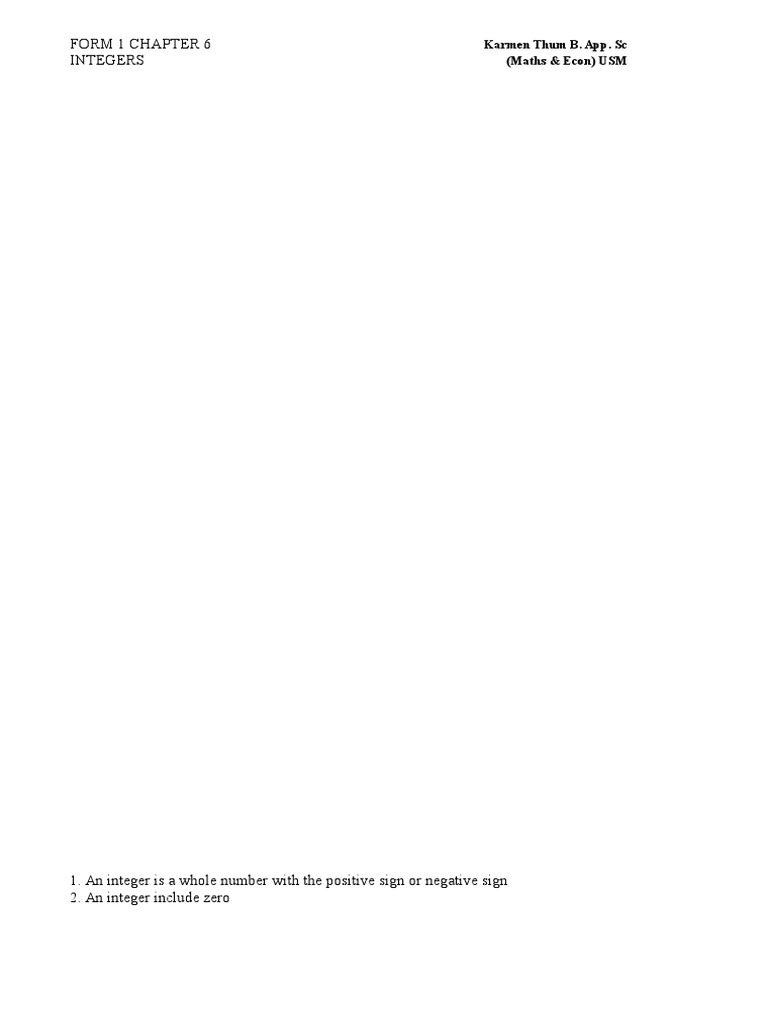 Form 1 Chapter 6 Integers: Karmen Thum B. App. SC (Maths & Econ) USM ...