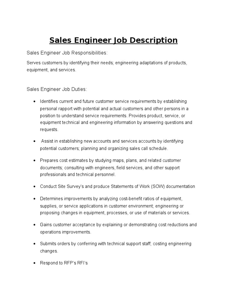 Sales Engineer Job Description-Tech | PDF