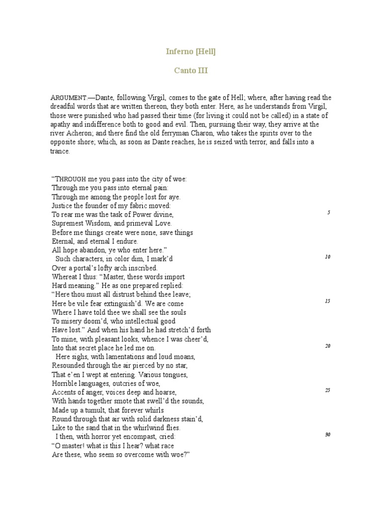 Inferno (Hell) Canto III: Rgument | PDF | Inferno (Dante)