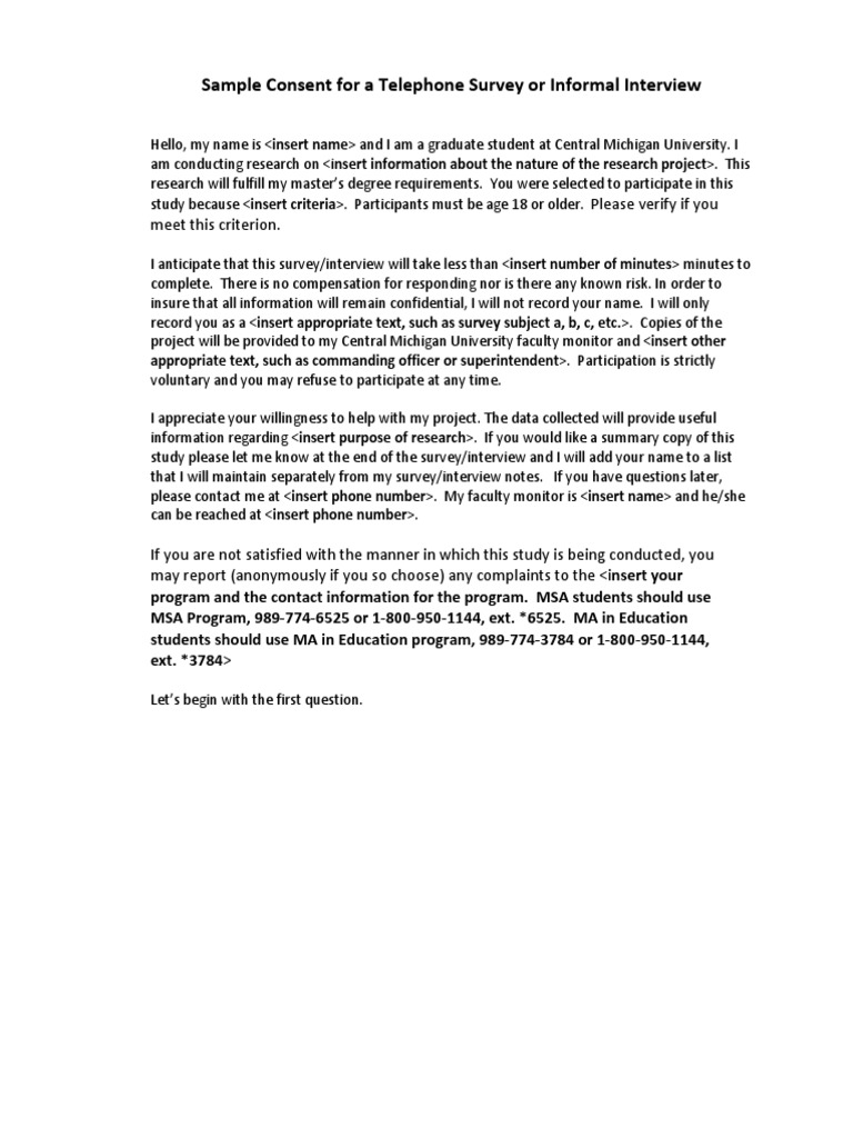 Sample Consent For A Telephone Survey or Informal Interview: Please ...