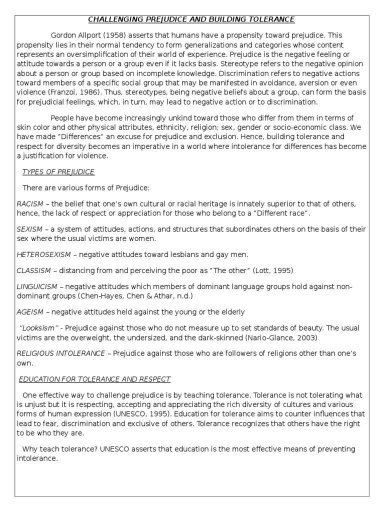 Challenging Prejudice and Promoting Tolerance | PDF | Prejudices ...