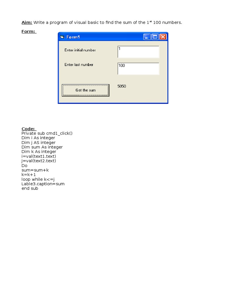 Aim: Write A Program of Visual Basic To Find The Sum of The 1 Form | PDF | Teaching Methods ...