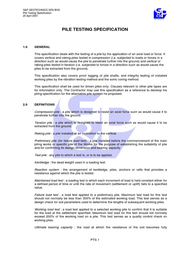 Pile Testing Specification: 1.0 General | PDF | Deep Foundation ...