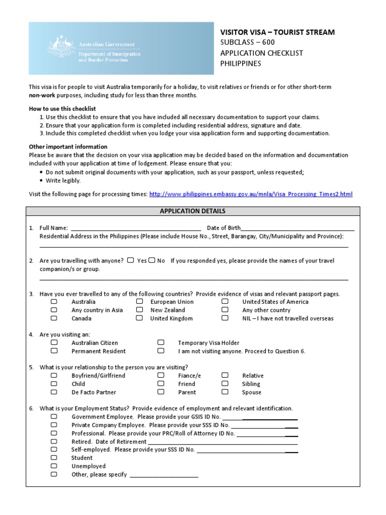 Subclass 600 Tourist Stream Checklist - Updated 24-06-2015 PDF | PDF ...
