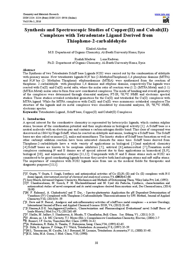 38 Synthesis and Spectroscopic Studies of Copper (II) and Cobalt (II) Complexes With ...