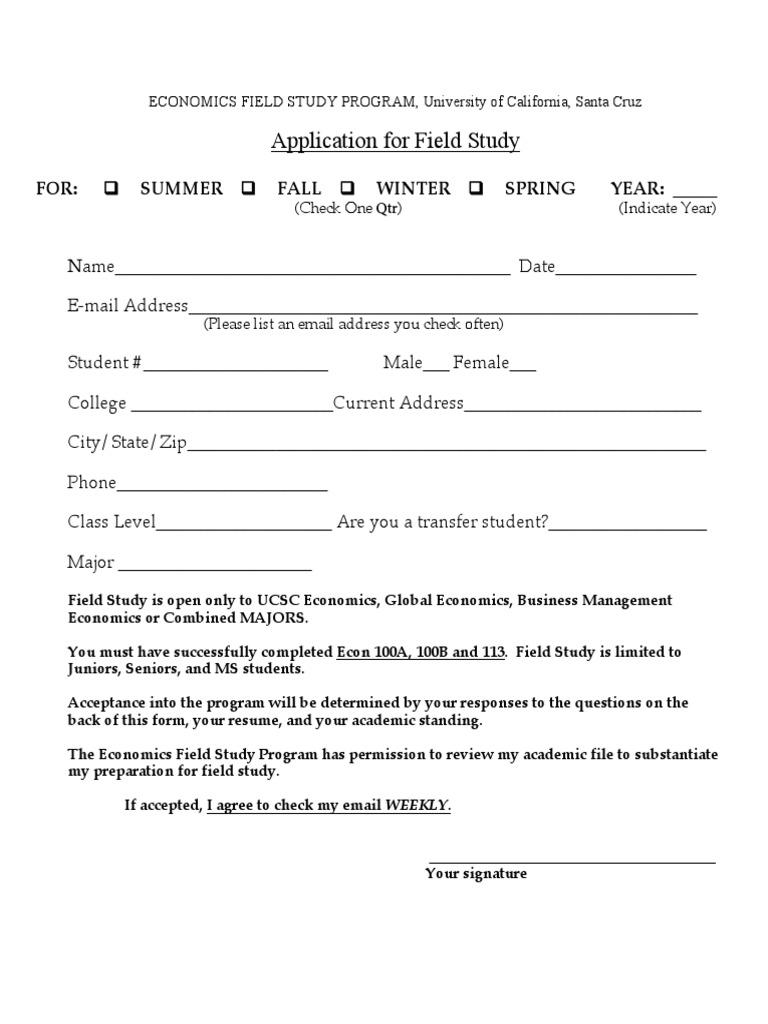 Application for the Economics Field Study Program at the University of ...