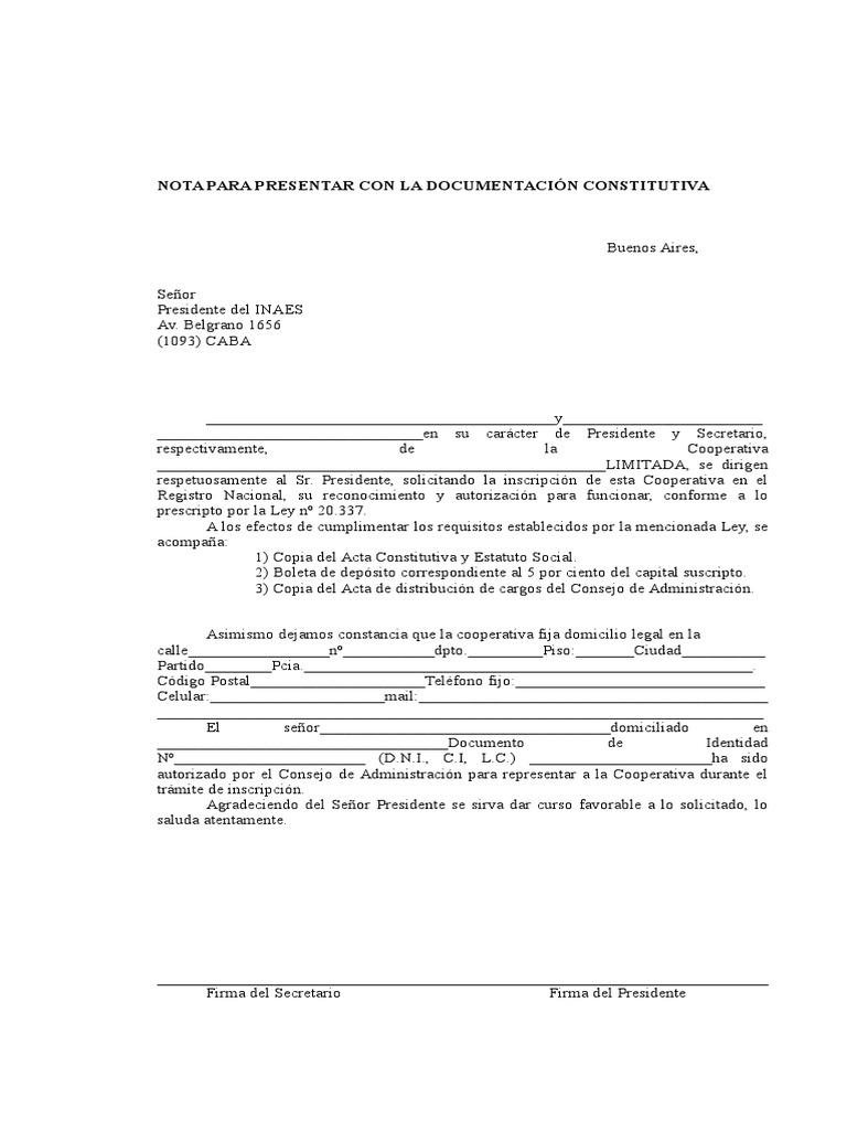 Modelo de Nota para Presentar Con La Documentación Constitutiva1 | PDF