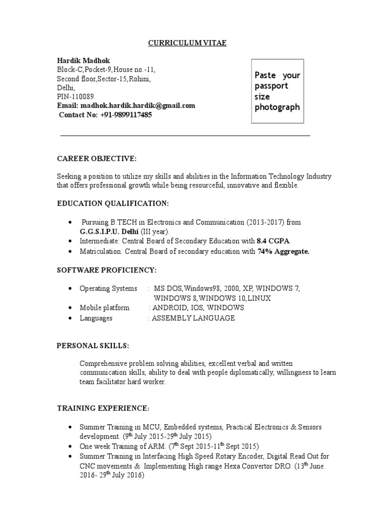 Curriculum Vitae Hardik Madhok: Paste Your Passport Size Photograph | PDF | Career & Growth | Art