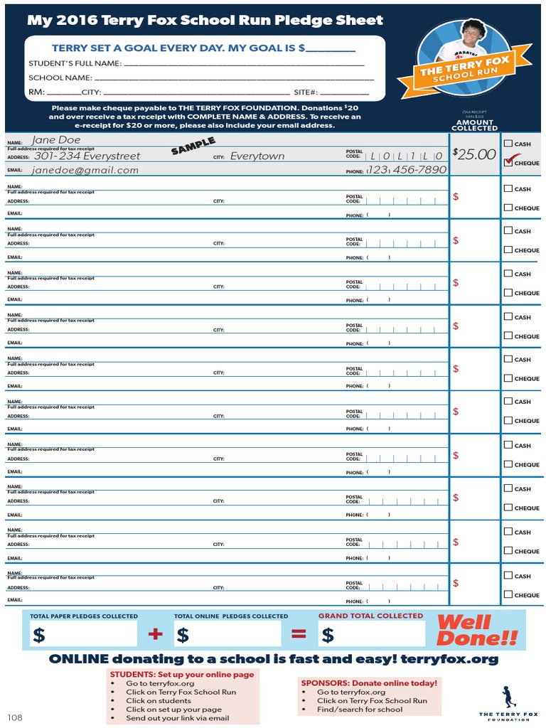 Terry Fox School Run Pledge Sheet | PDF | Receipt | Fundraising