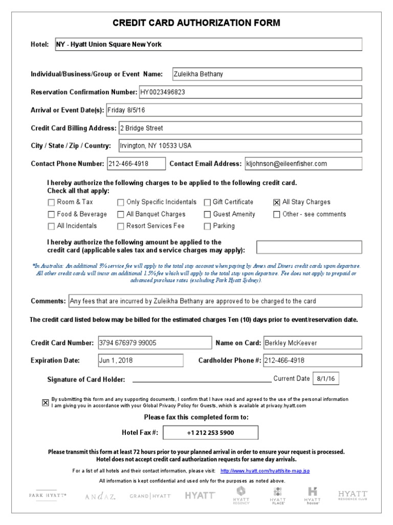 Hyatt Credit Card Authorization Form | PDF