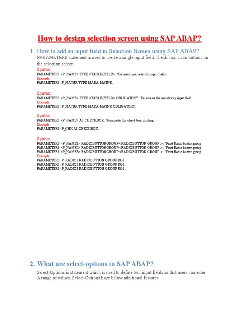 7) How To Design Selection Screen (ABAP) | PDF | Parameter (Computer ...