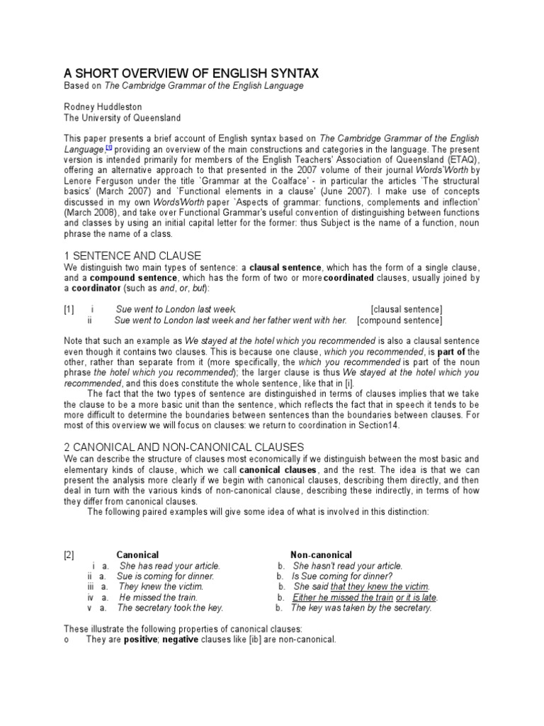 A Short Overview of English Syntax: 1 Sentence and Clause | PDF | Verb ...