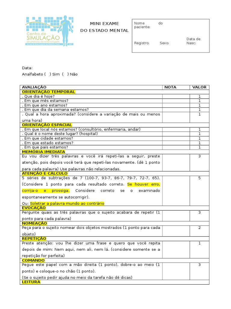 Mini Mental | Download grátis PDF | Alfabetização