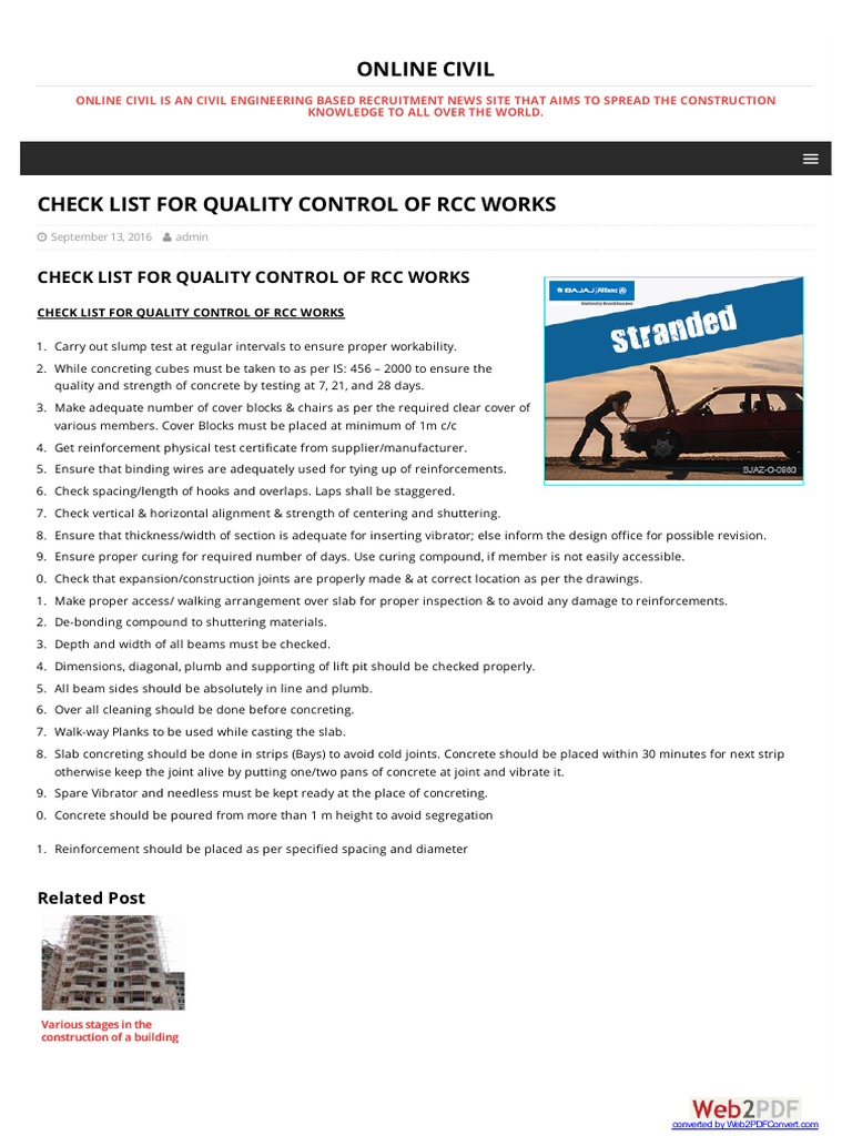 Checklists For Quality Control For RCC Work | PDF | Concrete ...