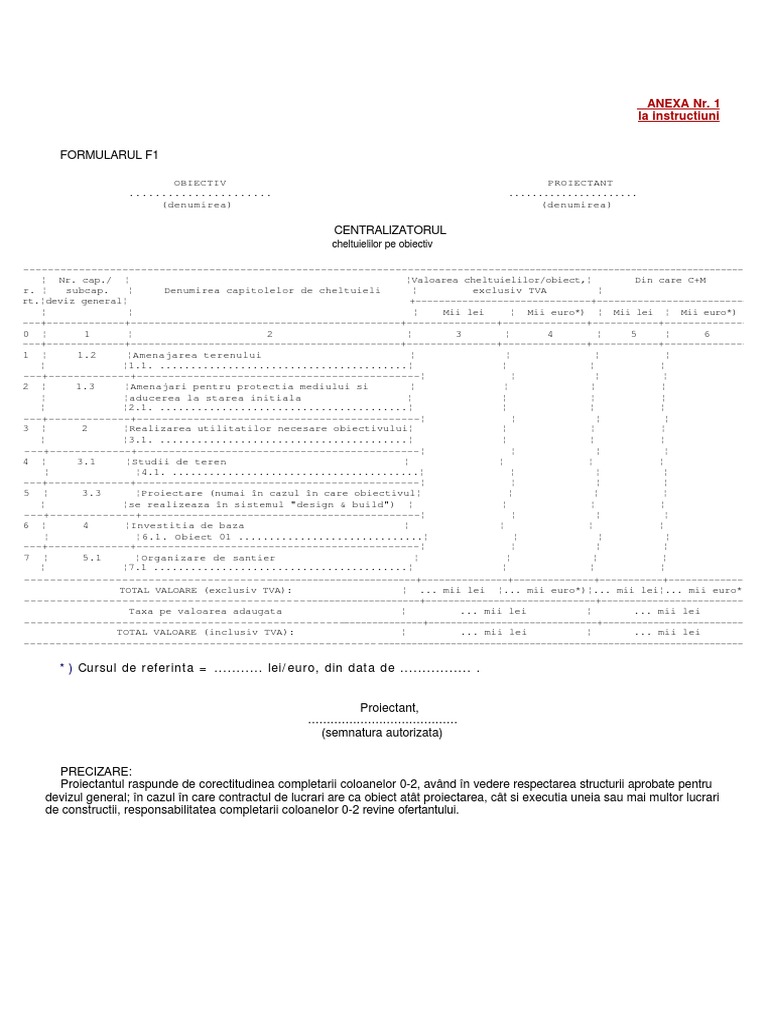 Formularul F1: Anexa Nr. 1 La Instructiuni | PDF