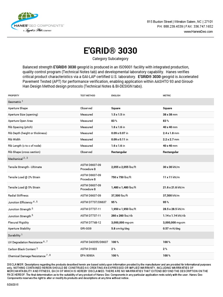 Egrid 3030 Spec Sheet 1067 | PDF | Ultimate Tensile Strength | Materials