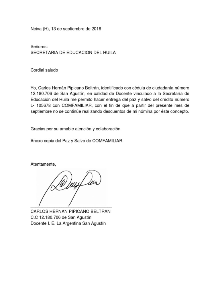 Carta-Paz y Salvo Comfamiliar | PDF