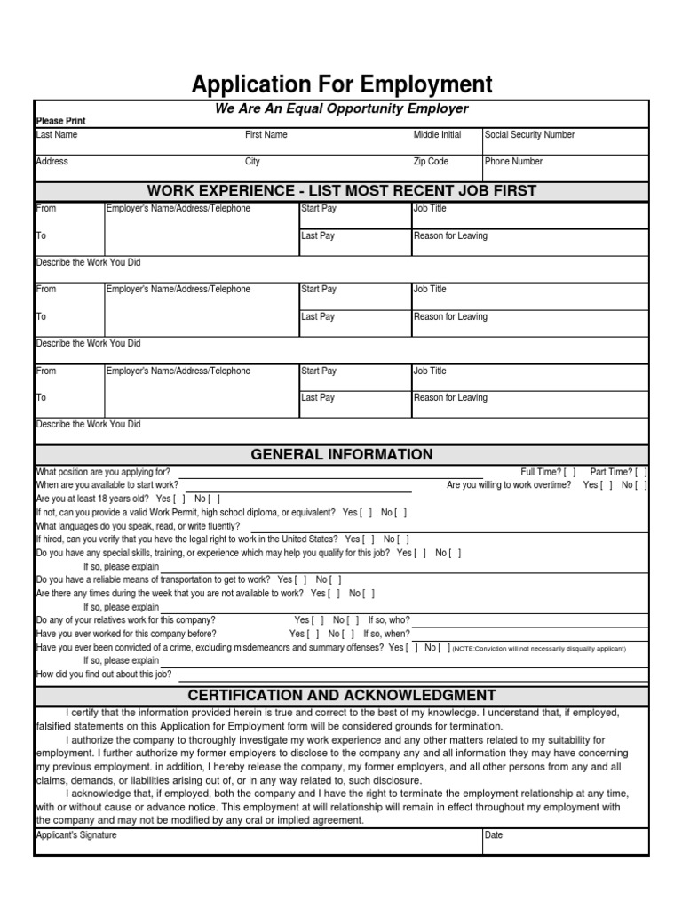 Application For Employment: Work Experience - List Most Recent Job ...